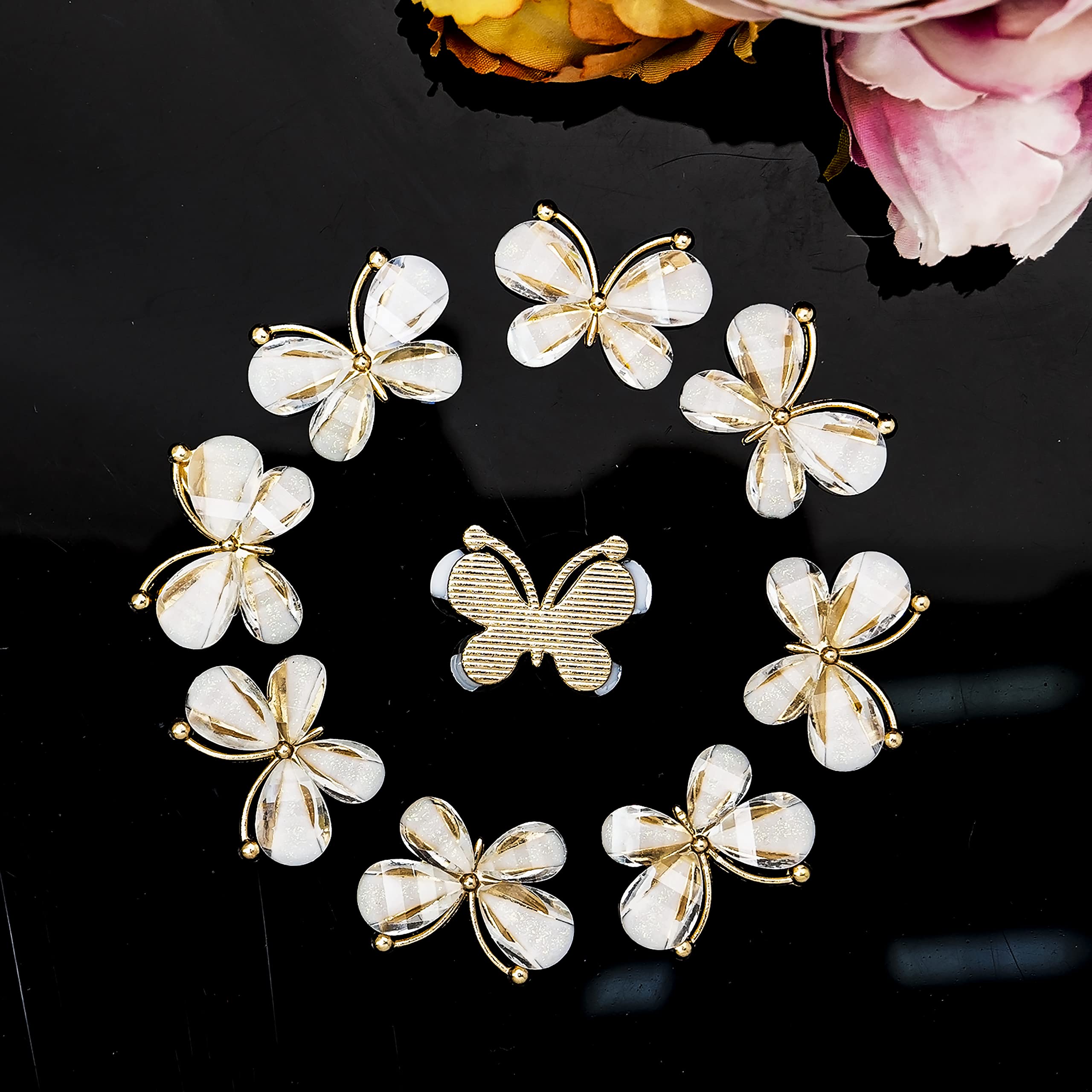 Builcker 50PCS Butterfly Head Ornament DIY Accessories Alloy Butterfly Transparent Shiny Acrylic Wings Flat Gold-plated Accessories For Home Buttons Clothes Shoes Hats Crafts Decor (White)