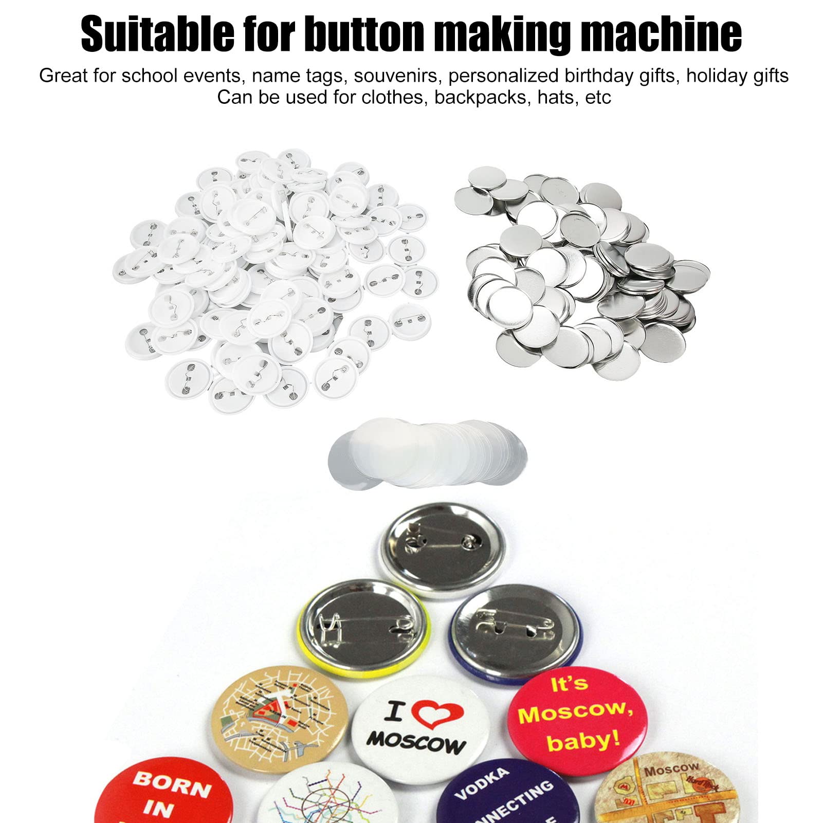 100 Sets Blank Button Making Supplies, DIY Pin Back Button Parts for Button Maker Machine Round Badge Pin Button, Includes Metal Cover, Plastic Button Back Cover, Clear Film(44mm/50mm)(50mm /1.97in)