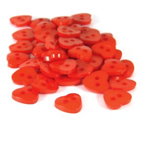 50 bright red 1/2 inch (12mm) plastic acrylic flat heart sewing buttons with 2 sew holes