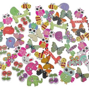 Kinteshun Wooden Buttons Natural Wood 2-Holed Fastener Buttons for Sewing Knitting Handcraft(100pcs,Assorted Cartoon Animals Printing Patterns)