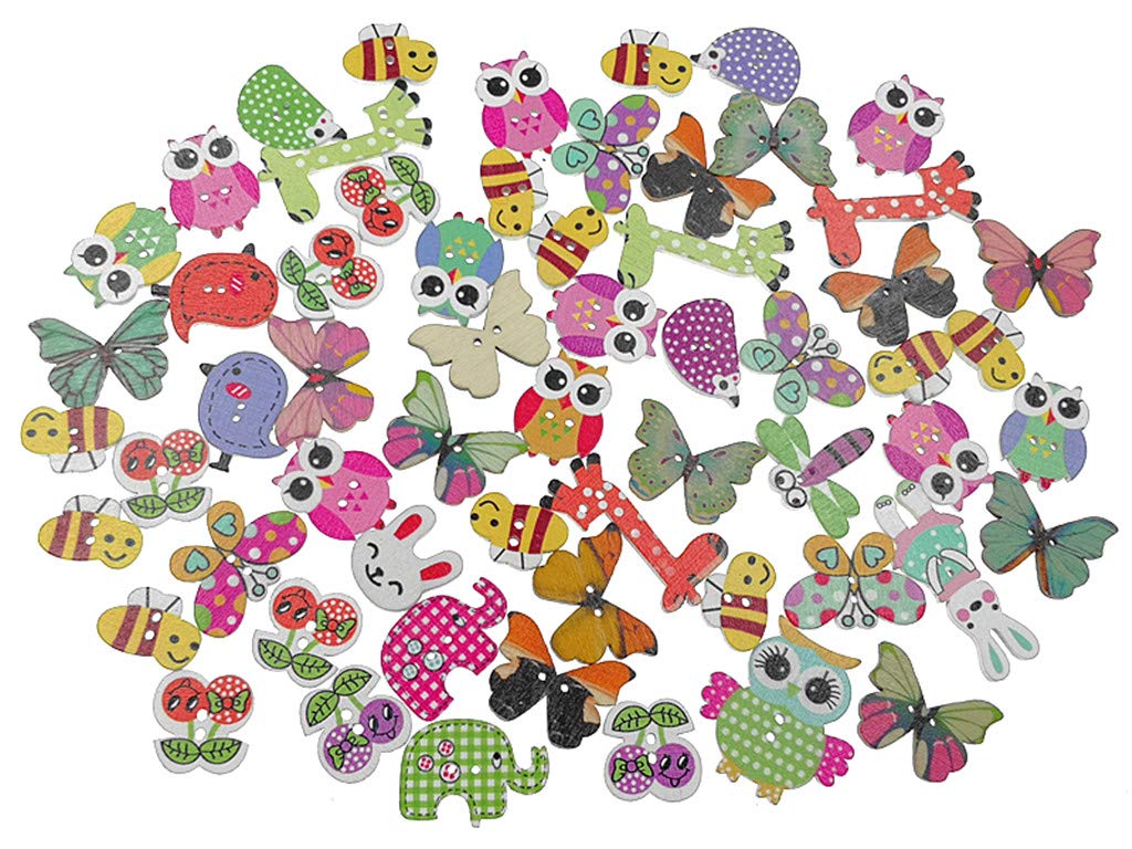 Kinteshun Wooden Buttons Natural Wood 2-Holed Fastener Buttons for Sewing Knitting Handcraft(100pcs,Assorted Cartoon Animals Printing Patterns)