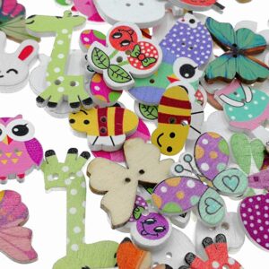 Kinteshun Wooden Buttons Natural Wood 2-Holed Fastener Buttons for Sewing Knitting Handcraft(100pcs,Assorted Cartoon Animals Printing Patterns)