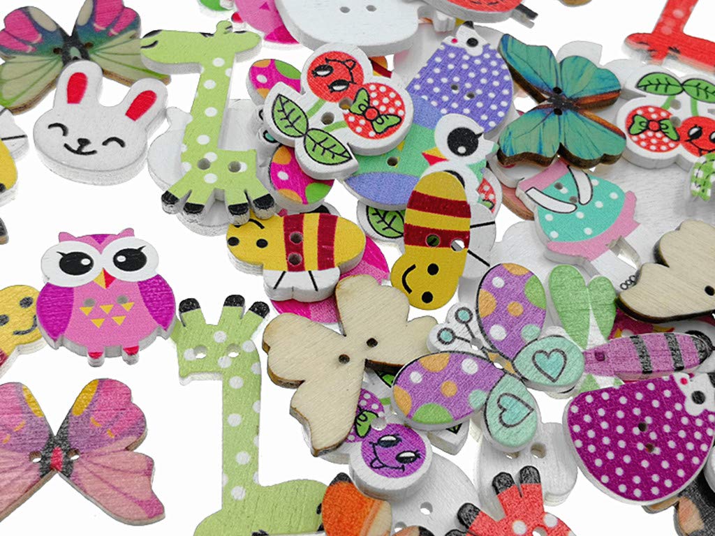 Kinteshun Wooden Buttons Natural Wood 2-Holed Fastener Buttons for Sewing Knitting Handcraft(100pcs,Assorted Cartoon Animals Printing Patterns)