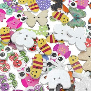 Kinteshun Wooden Buttons Natural Wood 2-Holed Fastener Buttons for Sewing Knitting Handcraft(100pcs,Assorted Cartoon Animals Printing Patterns)