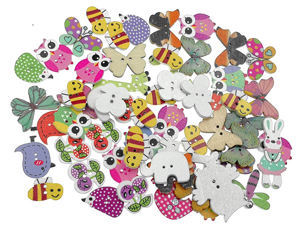 Kinteshun Wooden Buttons Natural Wood 2-Holed Fastener Buttons for Sewing Knitting Handcraft(100pcs,Assorted Cartoon Animals Printing Patterns)