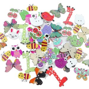 Kinteshun Wooden Buttons Natural Wood 2-Holed Fastener Buttons for Sewing Knitting Handcraft(100pcs,Assorted Cartoon Animals Printing Patterns)