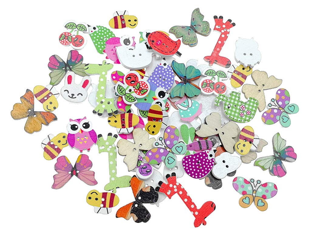 Kinteshun Wooden Buttons Natural Wood 2-Holed Fastener Buttons for Sewing Knitting Handcraft(100pcs,Assorted Cartoon Animals Printing Patterns)