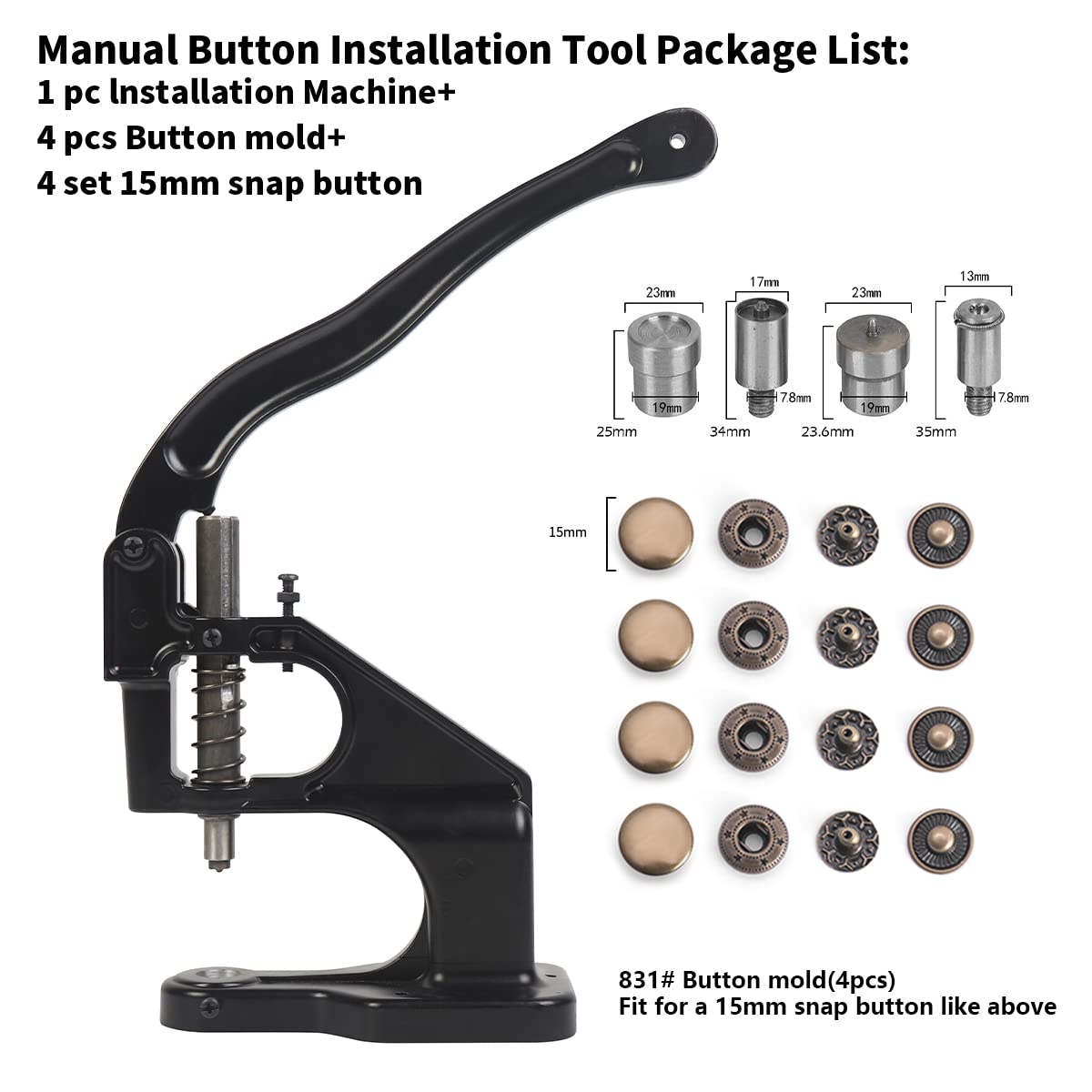 WUTA Manual Button Installation Tool Mute Stamping, 15mm Snap Button Mold Hand Pressing Machine Home Craft Tools Mold (Set D)