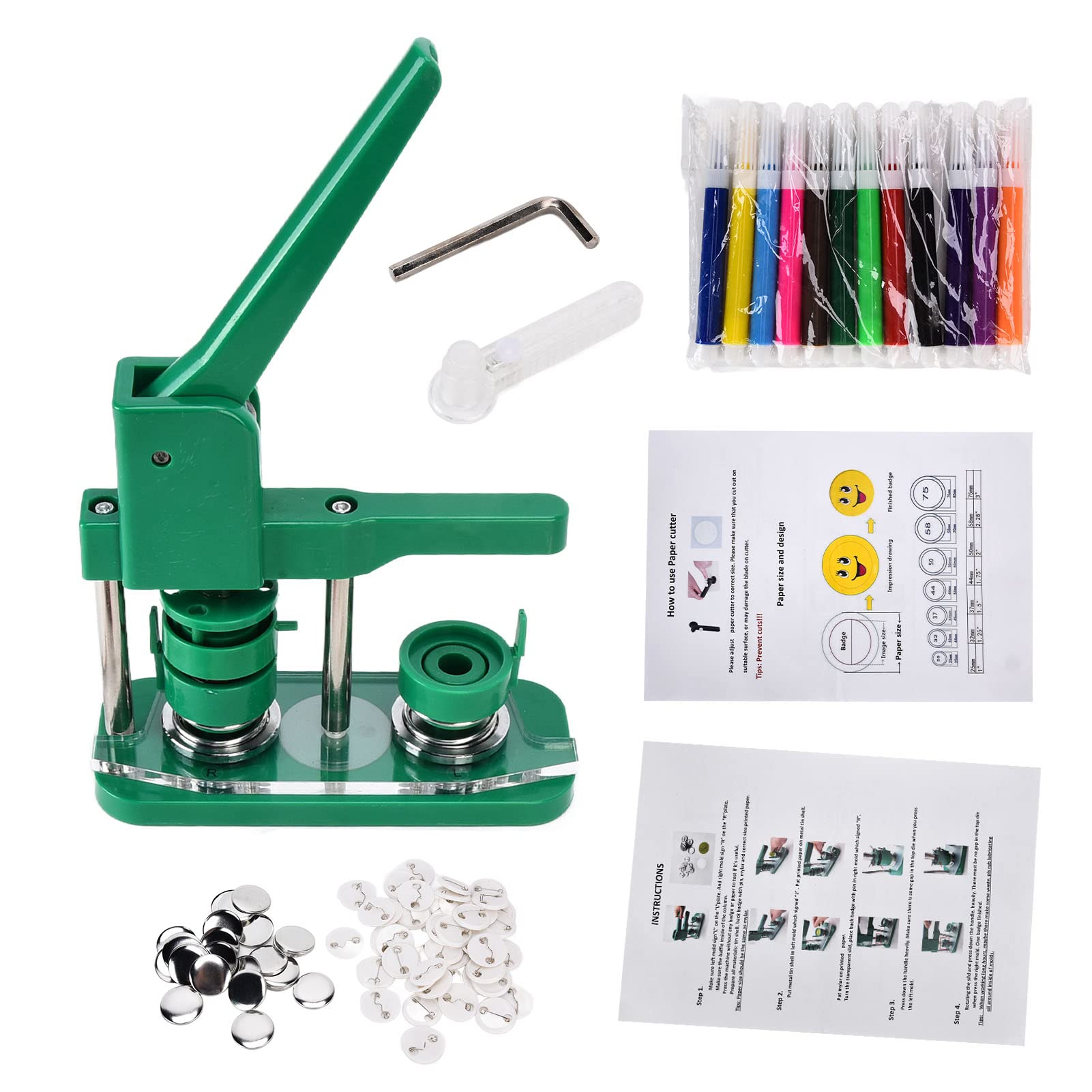 Tyenaza Button Maker Machine 32mm, Badge Punch Press Kit DIY Badge Ergonomics Comfortable Grip Button Making Press Machine with 100pcs Button Parts