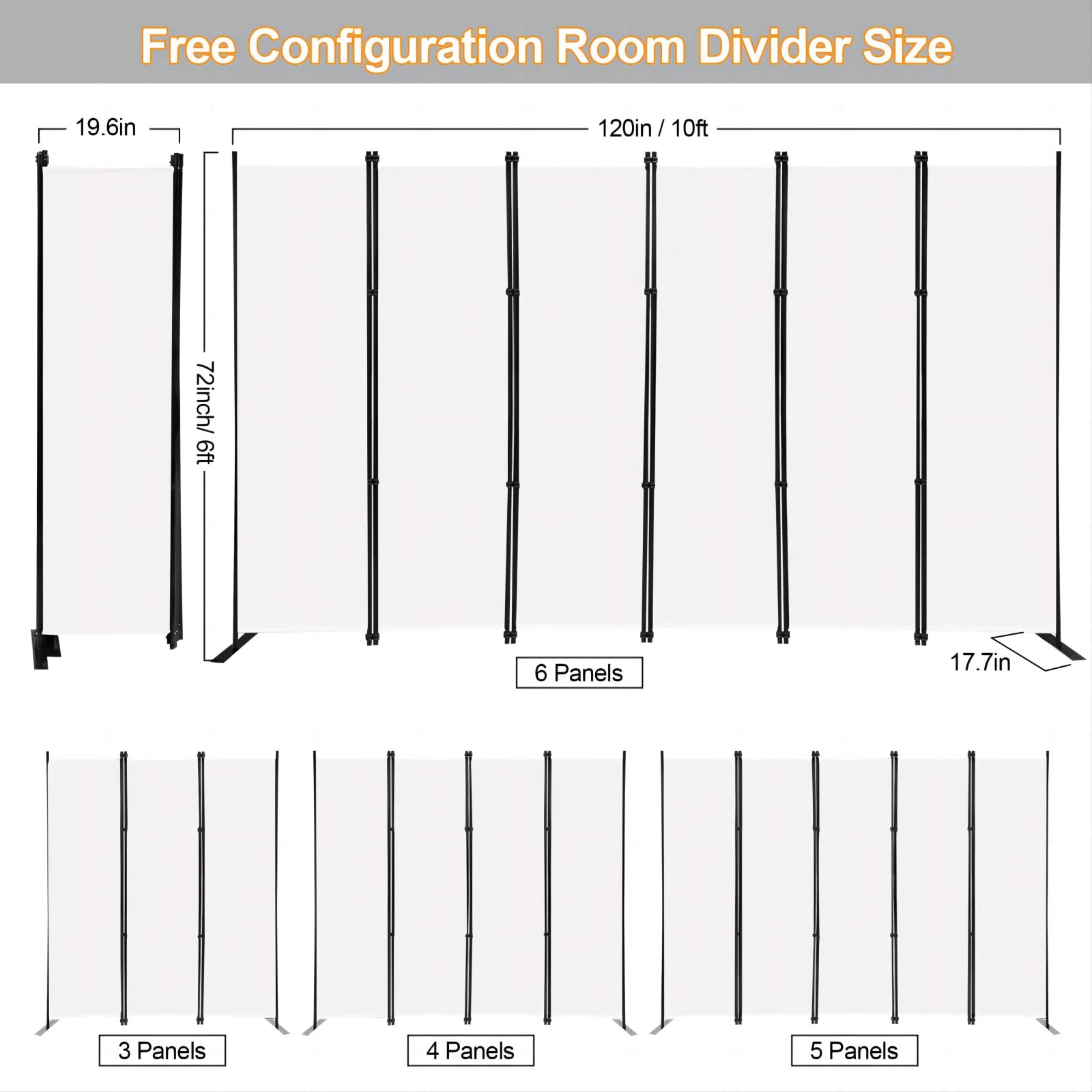 MAYOLIAH 6 Panel Folding Privacy Screen 9ft Wide, 6ft Tall Partition Room Divider Portable Office Walls Dividers Panel, White