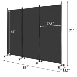 Spurgehom 3 Panel Rolling Room Divider, Folding Partition Privacy Screens, Freestanding Fabric Room Panel, Portable Folding Wall Divider for Office, Room,Restaurant, Hospital (Black)