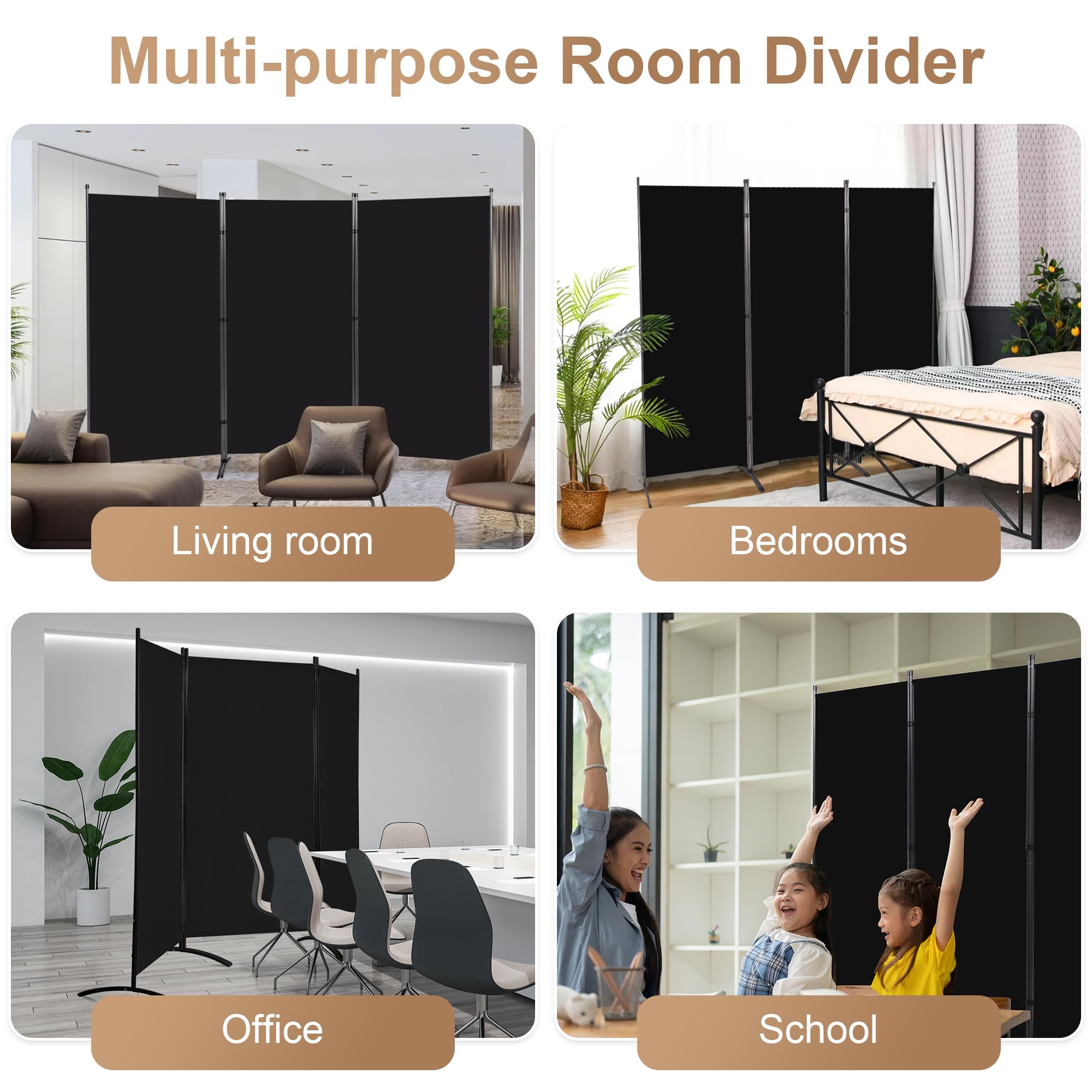 Grezone Large Folding Panel Portable Stand Room dividers Privacy Screen for Bedroom Dining Room Screens Curtains Partition Home Office Dorm Separation (Black, Three Panel)