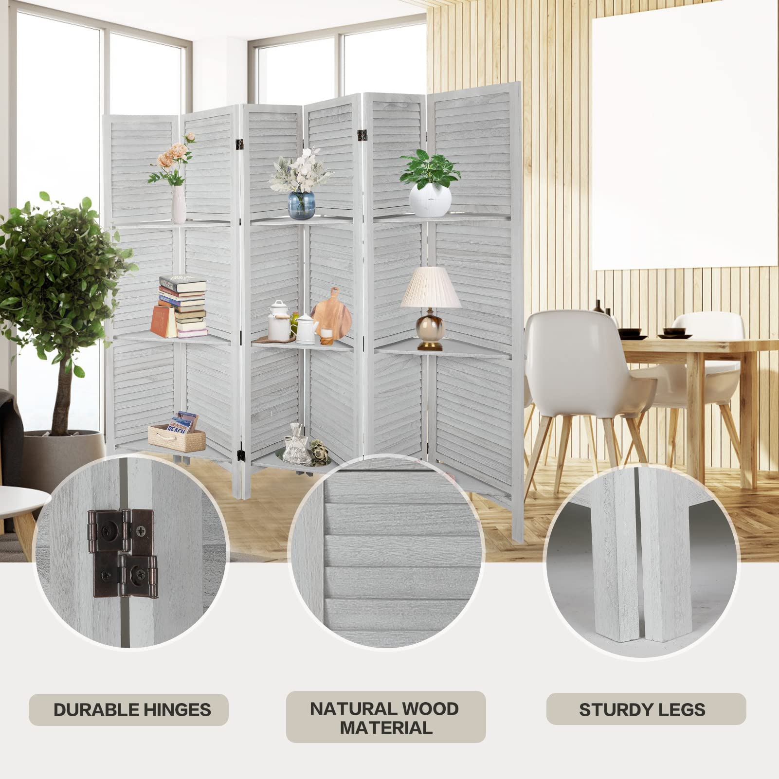 ECOMEX Room Divider with Shelves, 6 Panel Room Dividers and Folding Privacy Screens, Partition Room Divider Temporary Wall, Freestanding Room Divider for Home Office Studio Apartment (White)