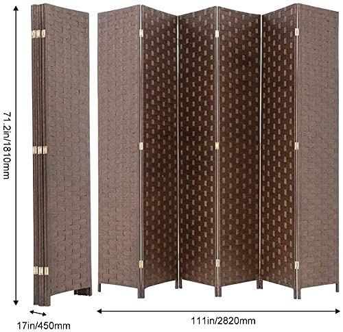 6-Panel Room Divider Folding Screen Wooden Partition, 6 ft. Tall Weave Fiber Extra Wide Foldable Panels Wall Divider Double Hinged Privacy Outdoor/indoor Divider for Home Office Dorm Decor - Brown