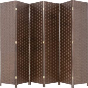 6-panel room divider folding screen wooden partition, 6 ft. tall weave fiber extra wide foldable panels wall divider double hinged privacy outdoor/indoor divider for home office dorm decor - brown