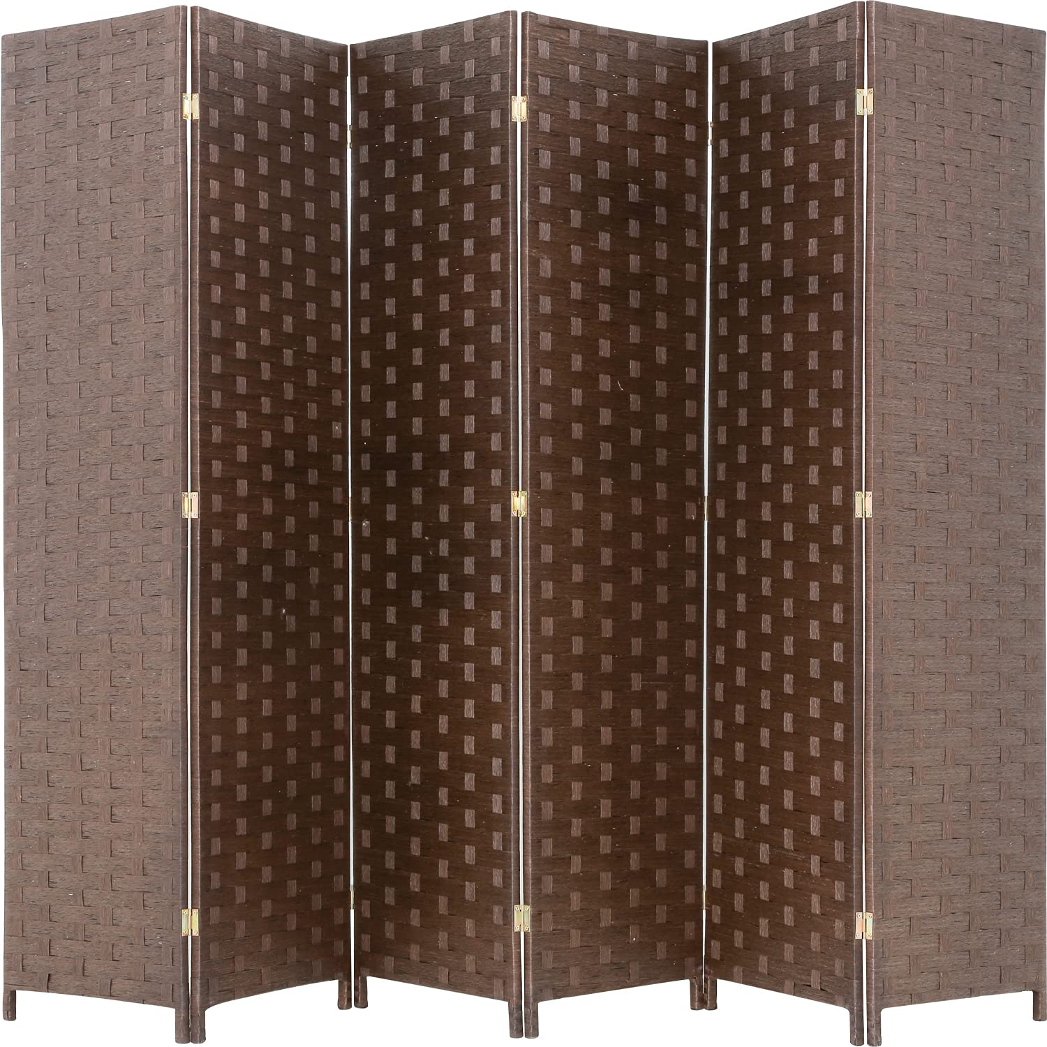 6-Panel Room Divider Folding Screen Wooden Partition, 6 ft. Tall Weave Fiber Extra Wide Foldable Panels Wall Divider Double Hinged Privacy Outdoor/indoor Divider for Home Office Dorm Decor - Brown