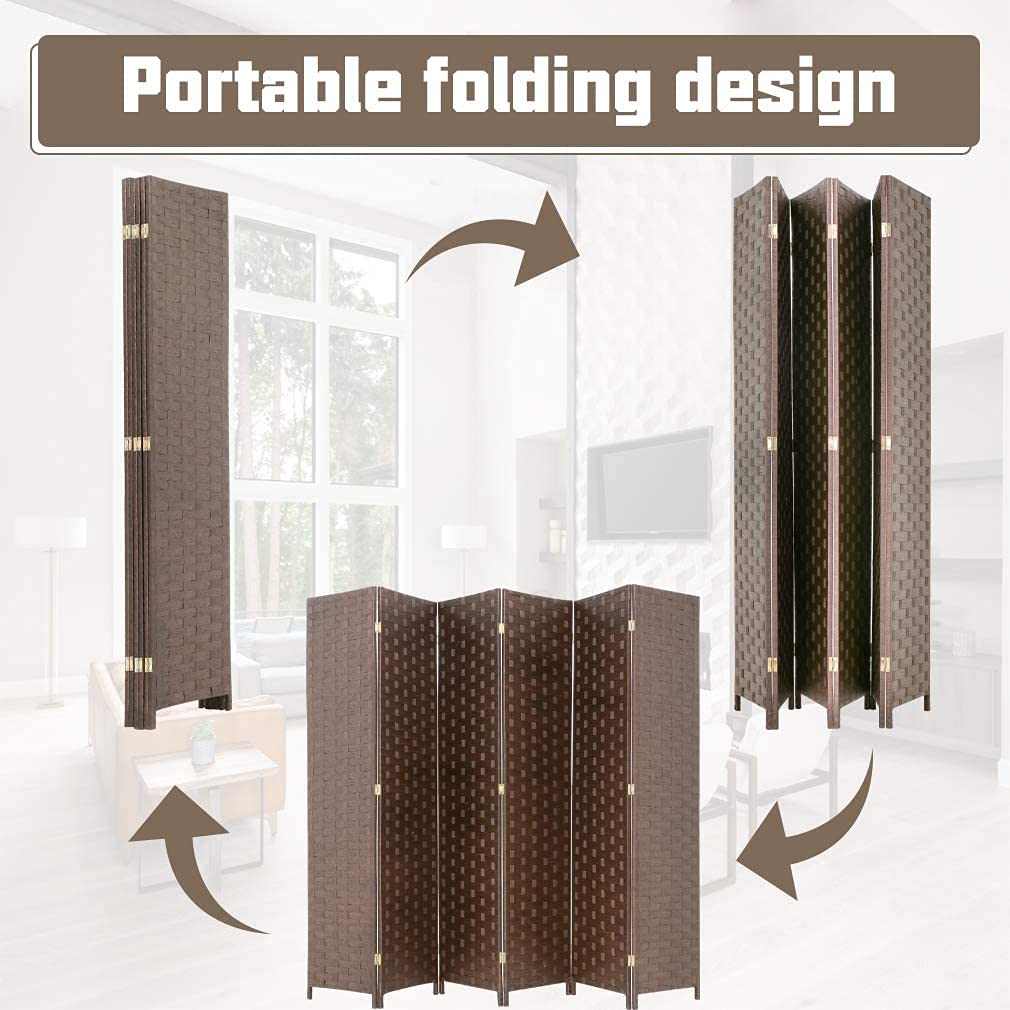 6-Panel Room Divider Folding Screen Wooden Partition, 6 ft. Tall Weave Fiber Extra Wide Foldable Panels Wall Divider Double Hinged Privacy Outdoor/indoor Divider for Home Office Dorm Decor - Brown