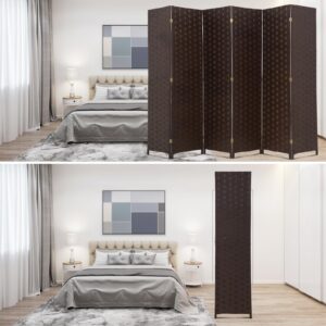 6-Panel Room Divider Folding Screen Wooden Partition, 6 ft. Tall Weave Fiber Extra Wide Foldable Panels Wall Divider Double Hinged Privacy Outdoor/indoor Divider for Home Office Dorm Decor - Brown