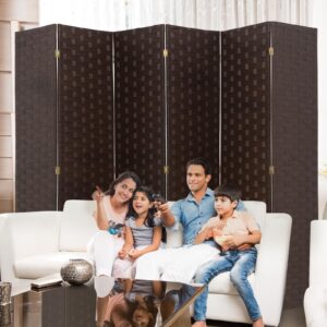 6-Panel Room Divider Folding Screen Wooden Partition, 6 ft. Tall Weave Fiber Extra Wide Foldable Panels Wall Divider Double Hinged Privacy Outdoor/indoor Divider for Home Office Dorm Decor - Brown