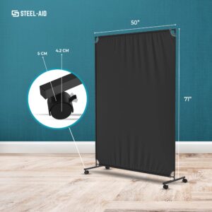 Steel-AID 50-inch Rolling Privacy Room Divider - Freestanding Office Wall Partition with Non See-Through Blackout Screen - Sturdy & Durable Iron Frame - Rolling Wheels - Black, White, Gray & Blue