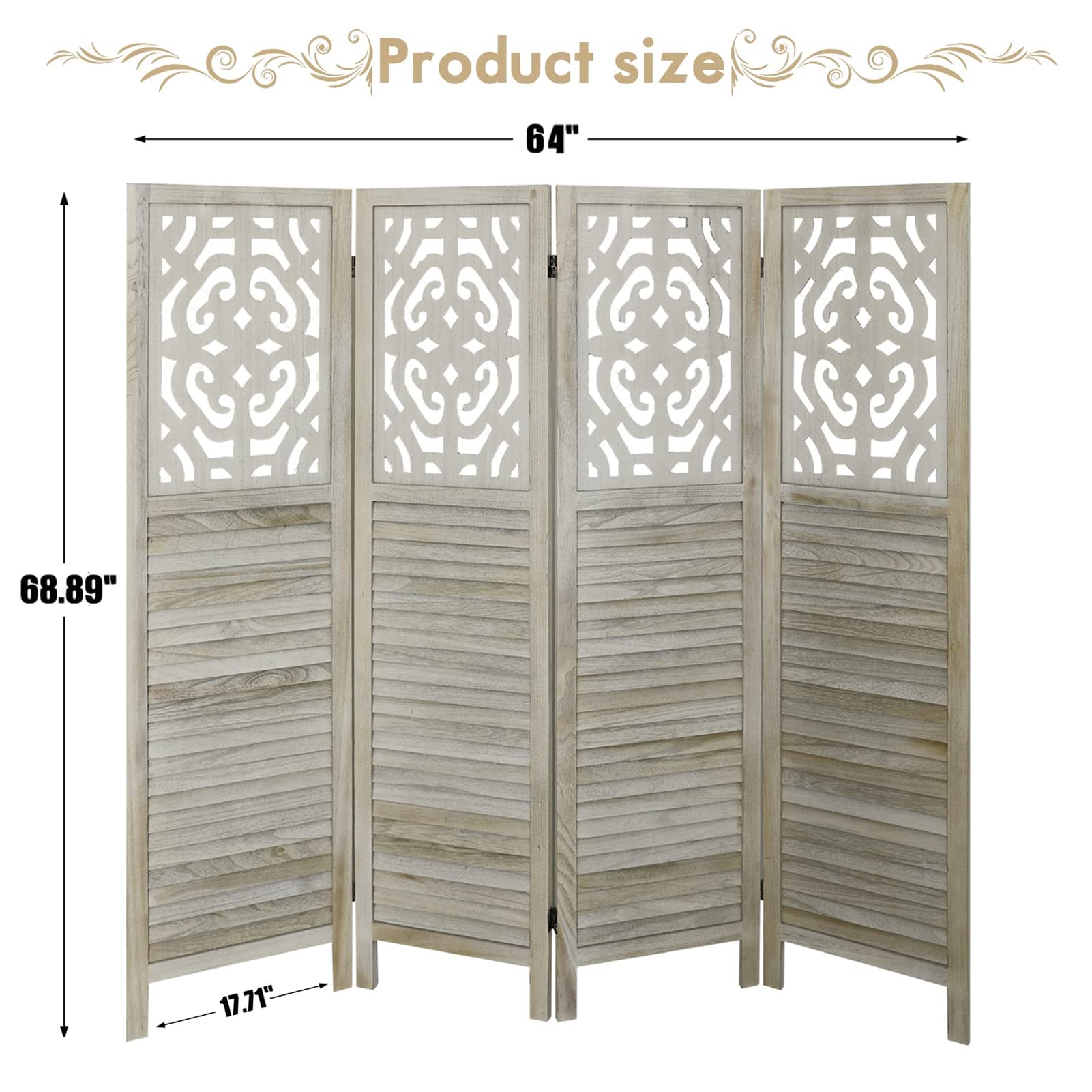 ECOMEX 4 Panel Carved Room Divider 5.6Ft Wood Folding Screens Room Dividers Screen for Bedroom Office Restaurant, Rustic White