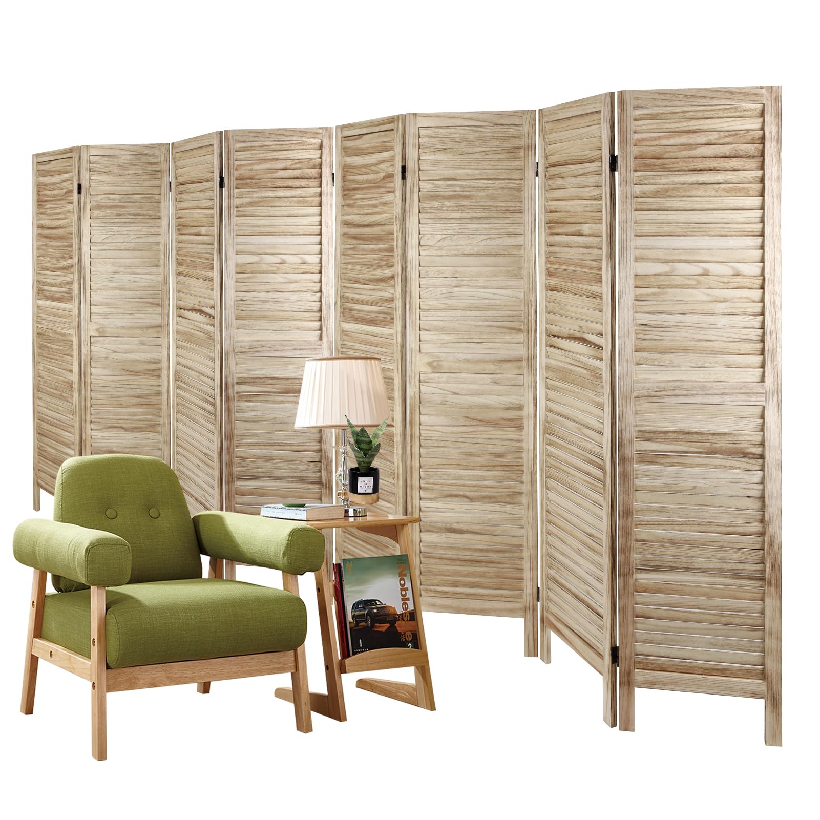 ECOMEX 8 Panel Room Dividers 10.6 Ft Width Wood Room Divider and Partition Room Divider Folding Privacy Screens, Double Hinged Room Dividers Wall for Bedroom Office, Natural