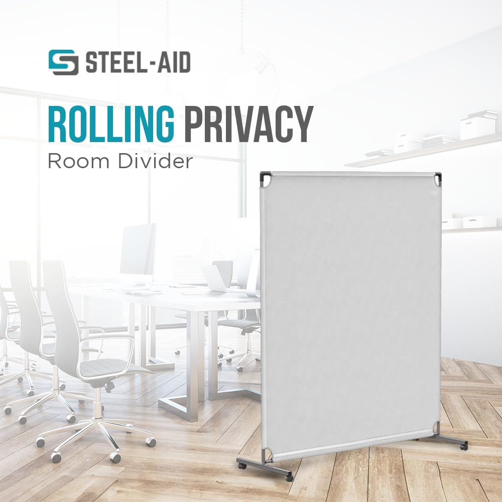 Steel-AID 50-inch Rolling Privacy Room Divider - Freestanding Office Wall Partition with Non See-Through Blackout Screen - Sturdy & Durable Iron Frame - Rolling Wheels - Black, White, Gray & Blue