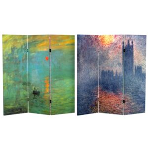 red lantern double sided works of monet canvas impression sunrise/houses of parliament folding screen, 4 ft short - 3 panel, multicolor