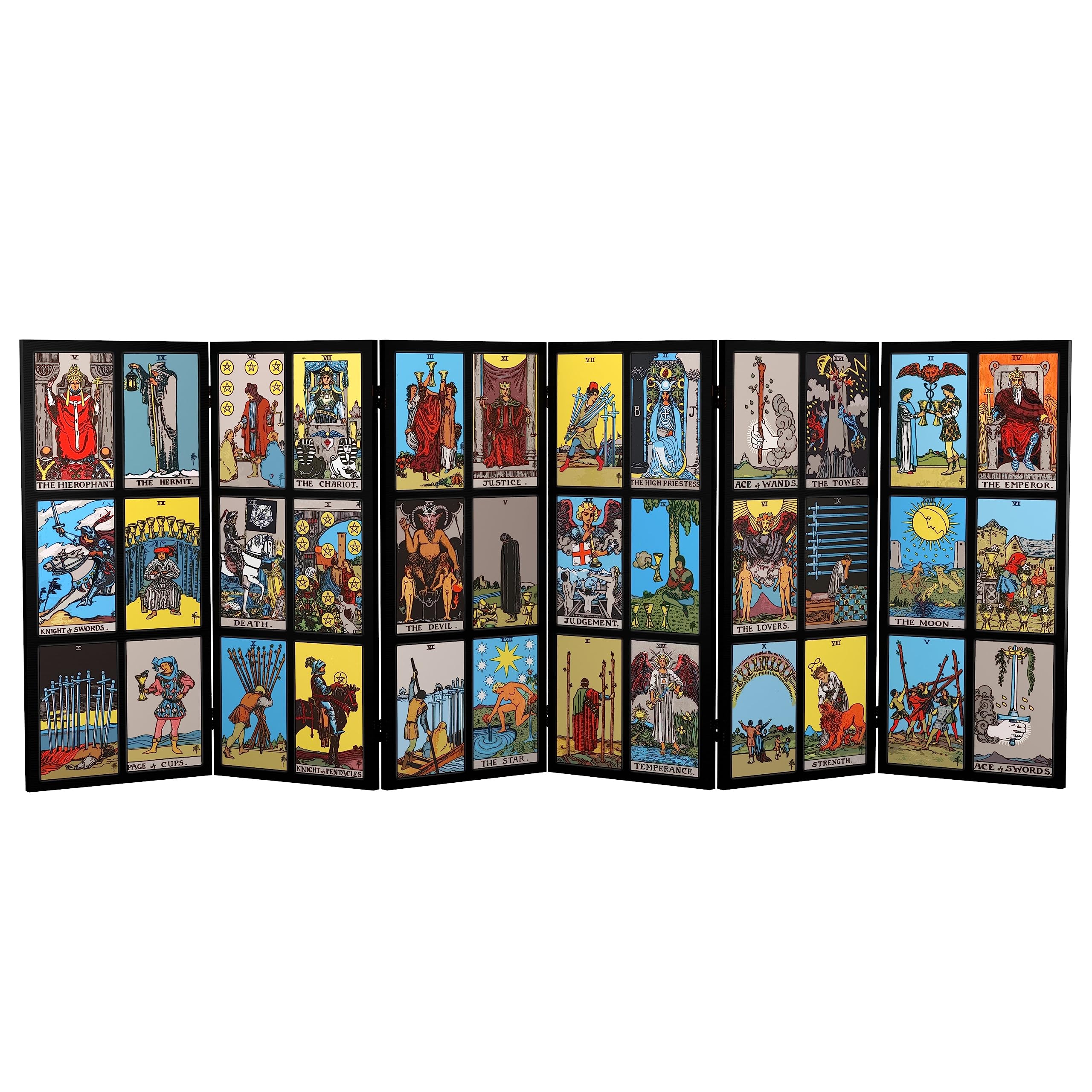 Red Lantern 3 ft. Short Double Sided Rider-Waite Tarot Canvas Folding Screen 6 Panel Freestanding Partition and Separator for Modern and Contemporary Bedroom, Home Office, Studio, Dorm, Apartment