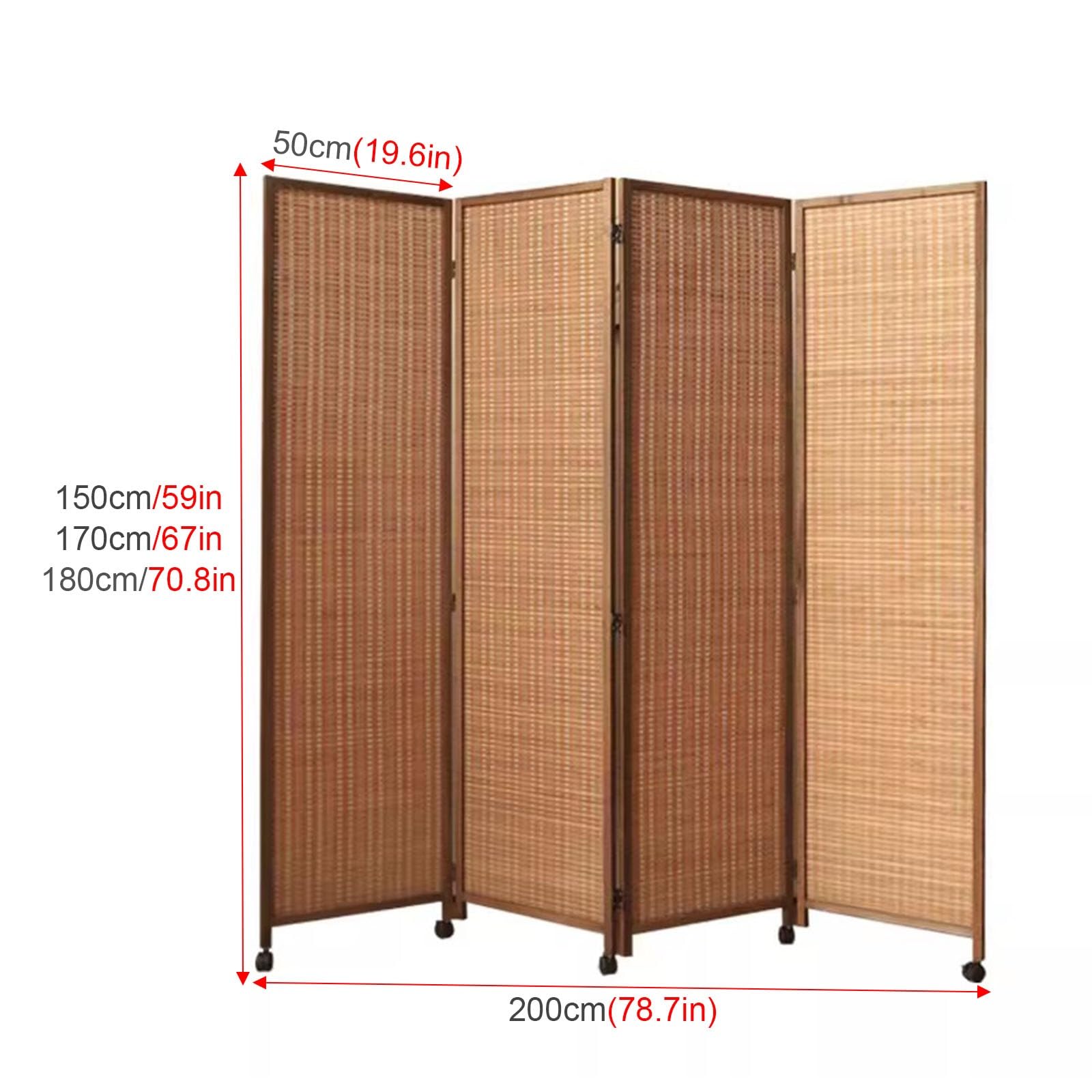 Bamboo Room Divider 4 Panel, Freestanding & Folding Privacy Screen with Swivel Casters, Office Weave Fiber Partition Wall Panels (Color : Brown, Size : Tall 170cm/67 in)