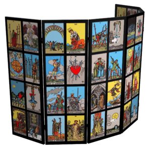 Red Lantern 4 ft. Short Double Sided Rider-Waite Tarot Canvas Folding Screen 6 Panel Freestanding Partition and Separator for Modern and Contemporary Bedroom, Home Office, Studio, Dorm, Apartment