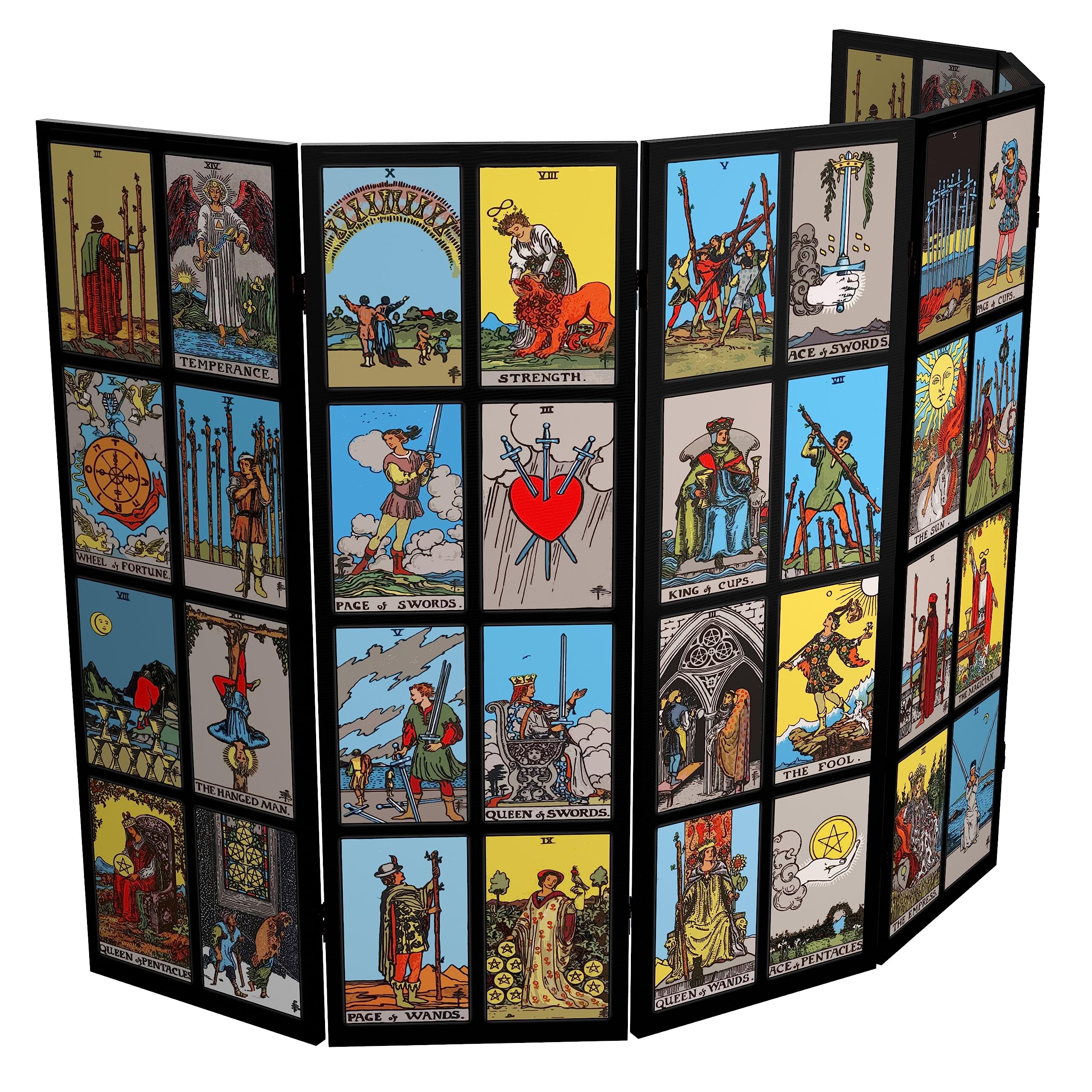 Red Lantern 4 ft. Short Double Sided Rider-Waite Tarot Canvas Folding Screen 6 Panel Freestanding Partition and Separator for Modern and Contemporary Bedroom, Home Office, Studio, Dorm, Apartment