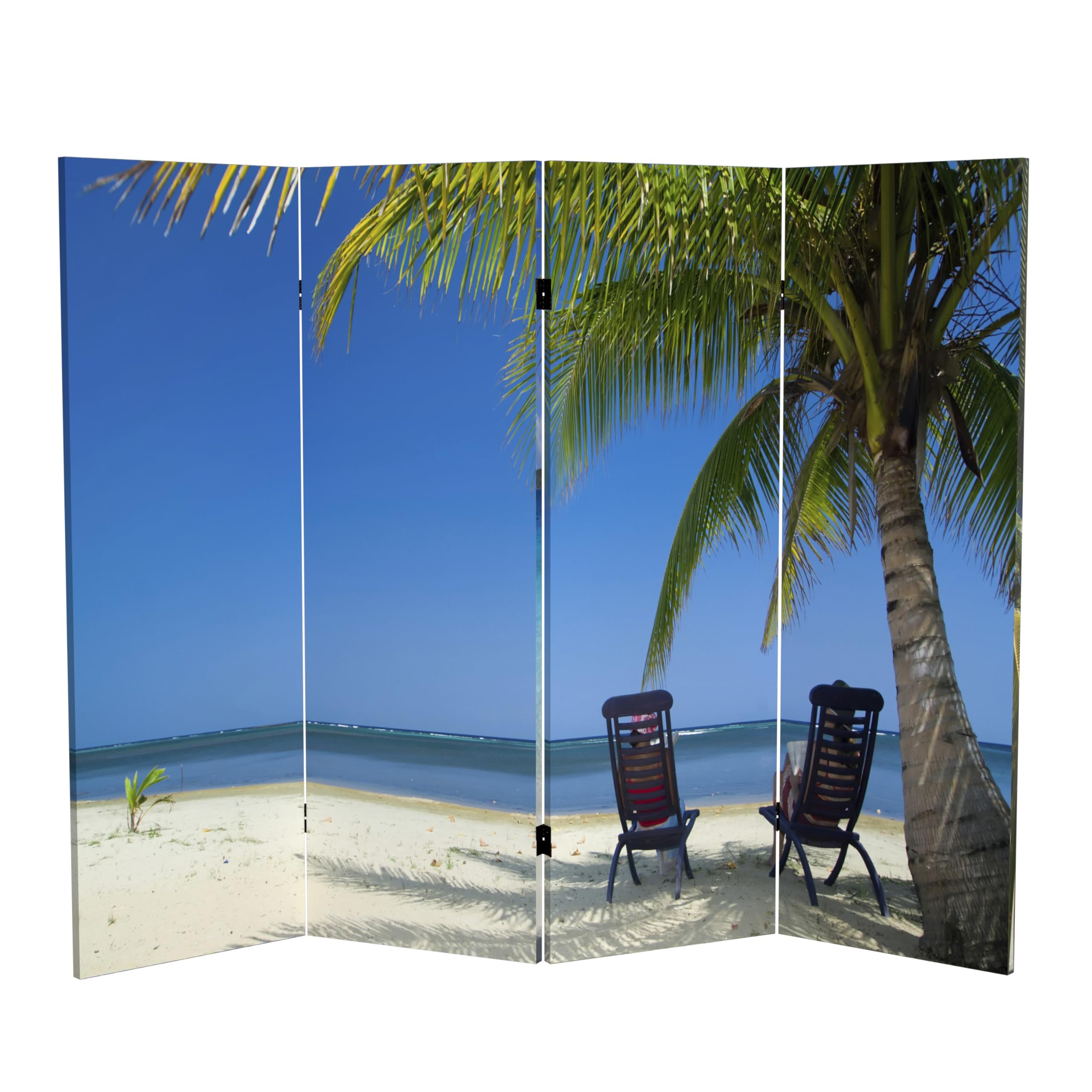 Red Lantern 4 ft. Short Double Sided Beach Canvas Folding Screen 4 Panel Freestanding Partition and Separator for Modern and Contemporary Bedroom, Home Office, Studio, Dorm, Apartment