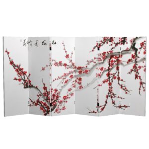 red lantern 4 ft. short double sided plum blossom canvas folding screen 6 panel freestanding partition and separator for modern and contemporary bedroom, home office, studio, dorm, apartment