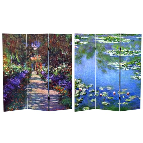 Red Lantern 4 ft. Short Double Sided Works of Monet Canvas Lilies/Garden at Giverny Folding Screen, Multicolor