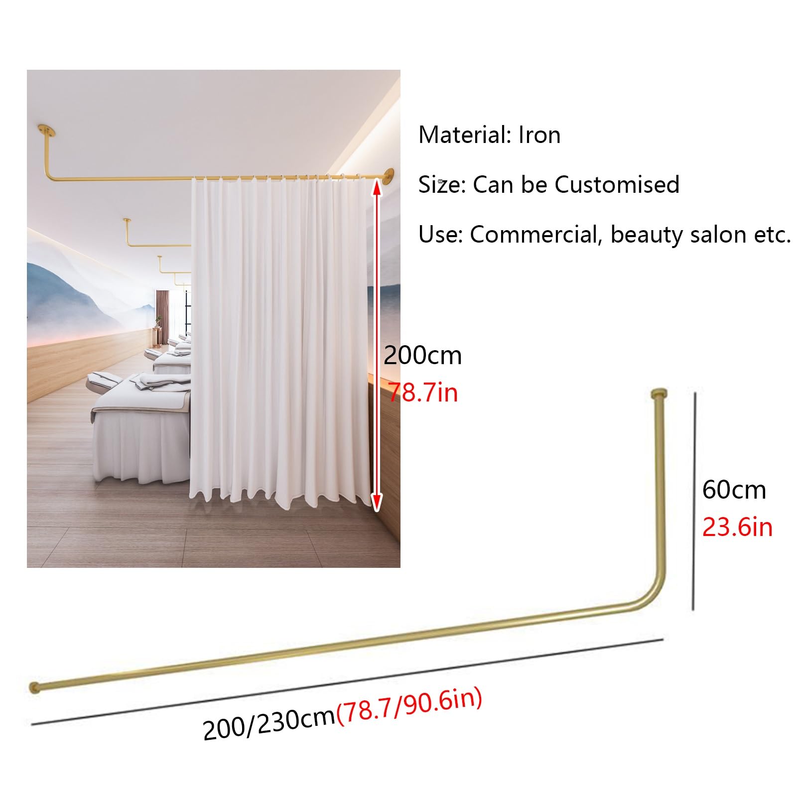 L Shape Room Divider Rod, Wall Mounted Beauty Salon Partitions Separator with 2 M High Privacy Curtains, Fitting Room Office Hospital Shared Bedroom Panel Temporary Wall (Color : Gold Rod+A Curtain,