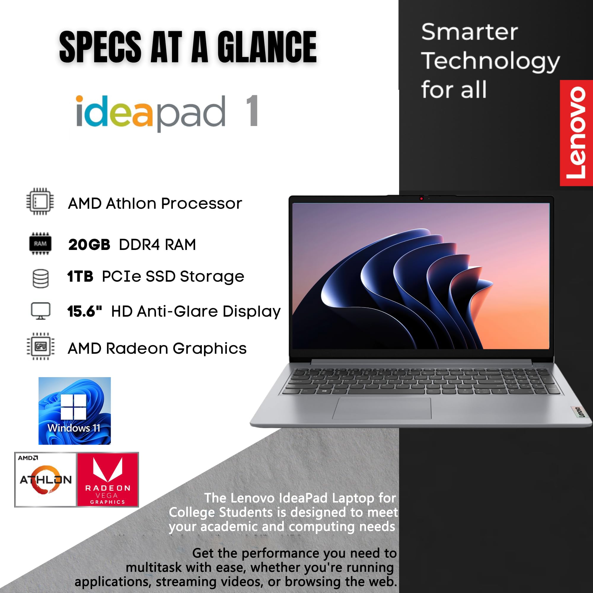 Lenovo IdeaPad Laptop for College Students, 15.6 Inch HD Display, AMD Athlon Silver 3050U Processor, Windows 11 Home, 20GB RAM, 1TB SSD, 128GB eMMC, Webcam, HDMI, WiFi 6, USB Type-C, Cloud Grey, PCM