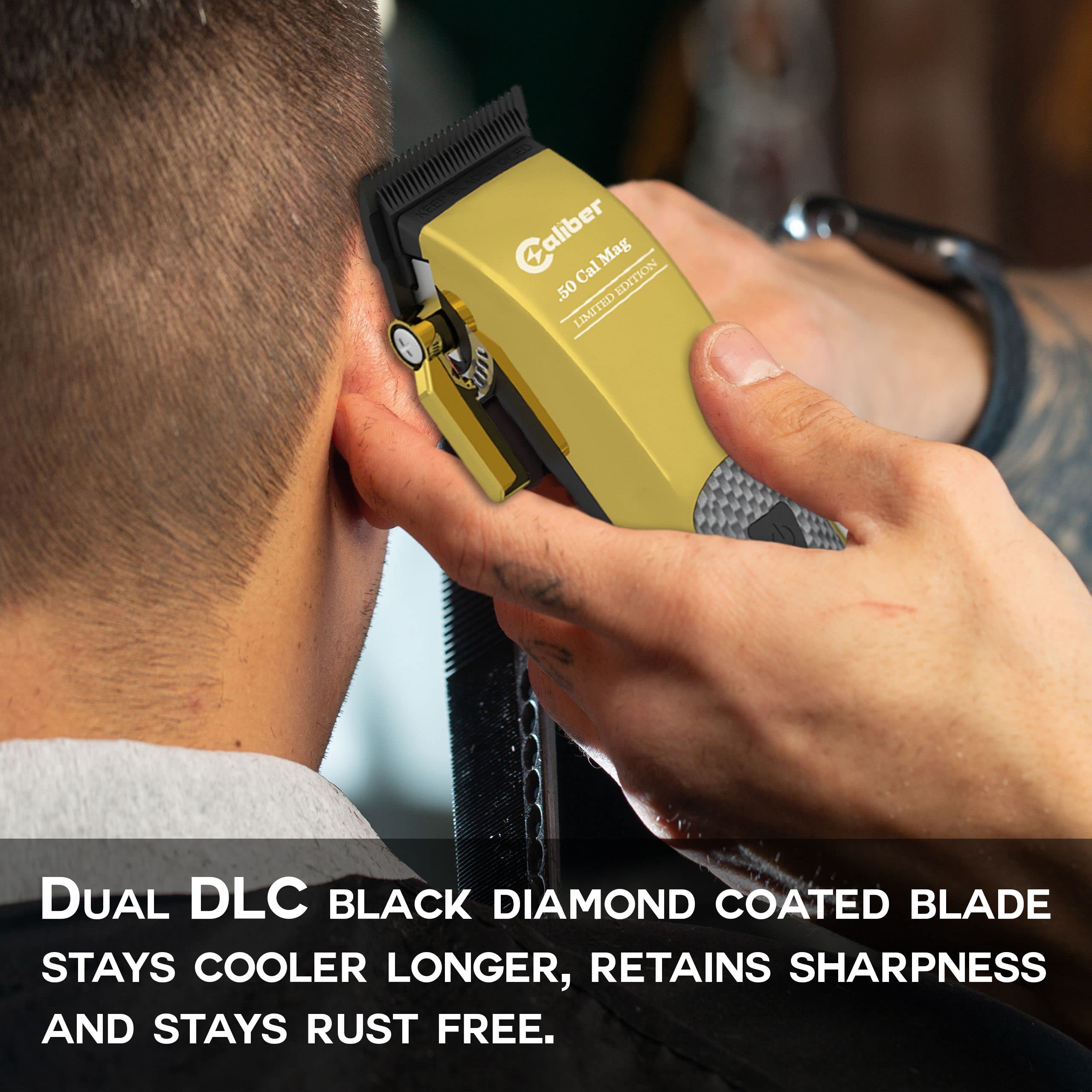 Caliber .50 Cal Limited Edition Clipper - Long Lasting 8+ Hours of Power - Ultra Low Noise Technology - Rechargeable Powerful Battery - Easy Zero Gap Cut - Hair Grooming Tool for Men (Gold)