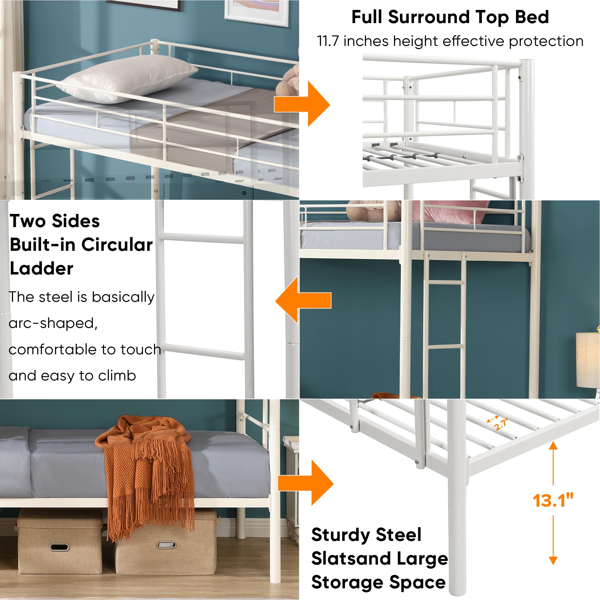 HomJoones Metal Bunk Bed Twin Over Twin Sturdy Heavy Duty Bunk Beds with 2 Side Ladders,Space Saving,No Box Spring Needed,for Boys Girls Teens Adults, Bedroom, Dormitory (White)