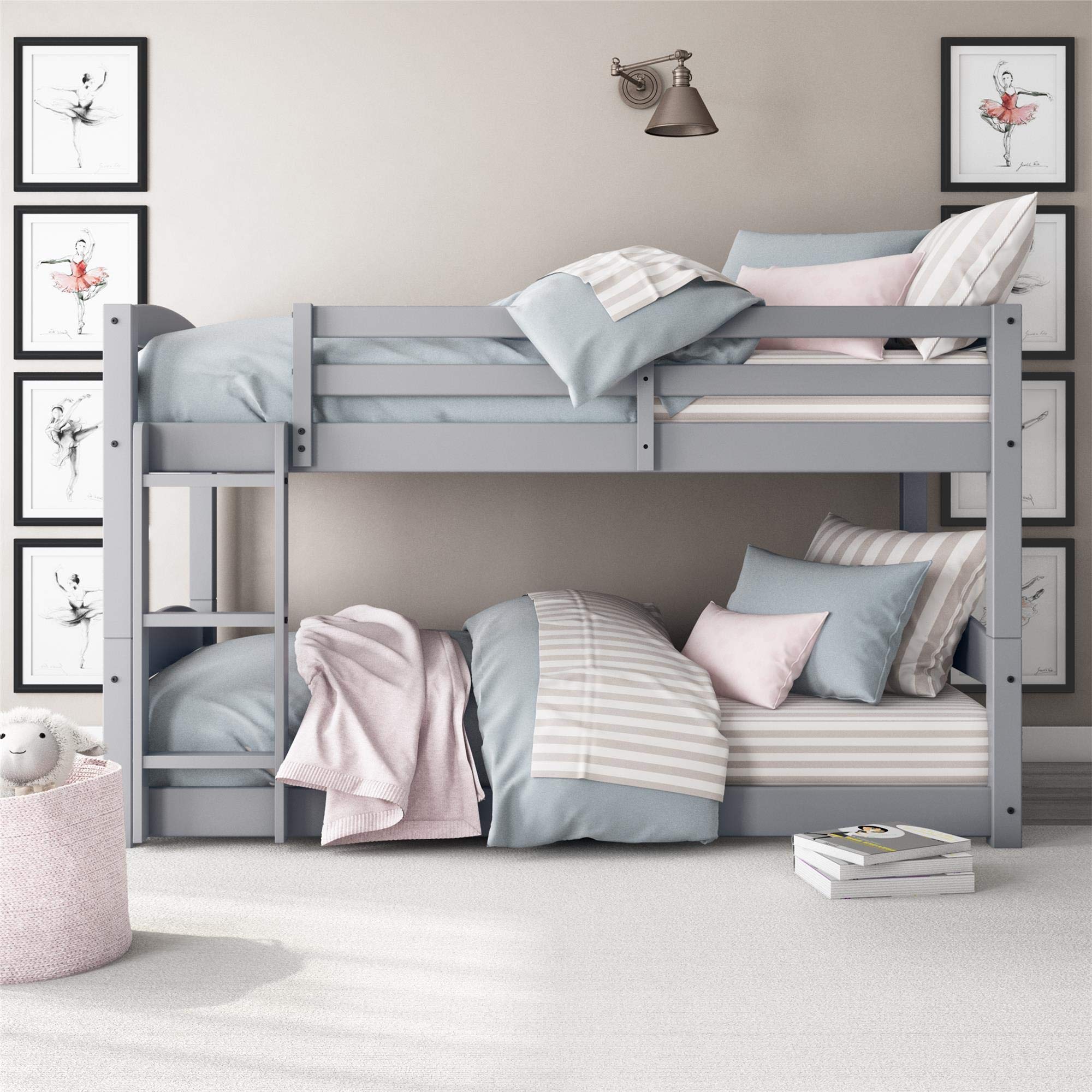 DHP Phoenix Convertible Low Wood Floor Bunk Bed, Stackable and Detachable Bed Frames for Kids, Solid Wood, with Ladder, High Guardrail, Wood Slats, No Boxspring Required, Twin-Over-Twin, Gray