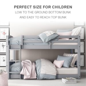 DHP Phoenix Convertible Low Wood Floor Bunk Bed, Stackable and Detachable Bed Frames for Kids, Solid Wood, with Ladder, High Guardrail, Wood Slats, No Boxspring Required, Twin-Over-Twin, Gray