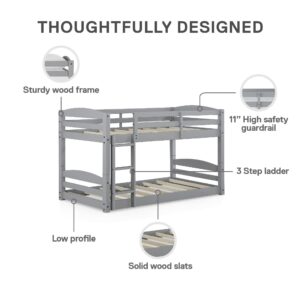 DHP Phoenix Convertible Low Wood Floor Bunk Bed, Stackable and Detachable Bed Frames for Kids, Solid Wood, with Ladder, High Guardrail, Wood Slats, No Boxspring Required, Twin-Over-Twin, Gray