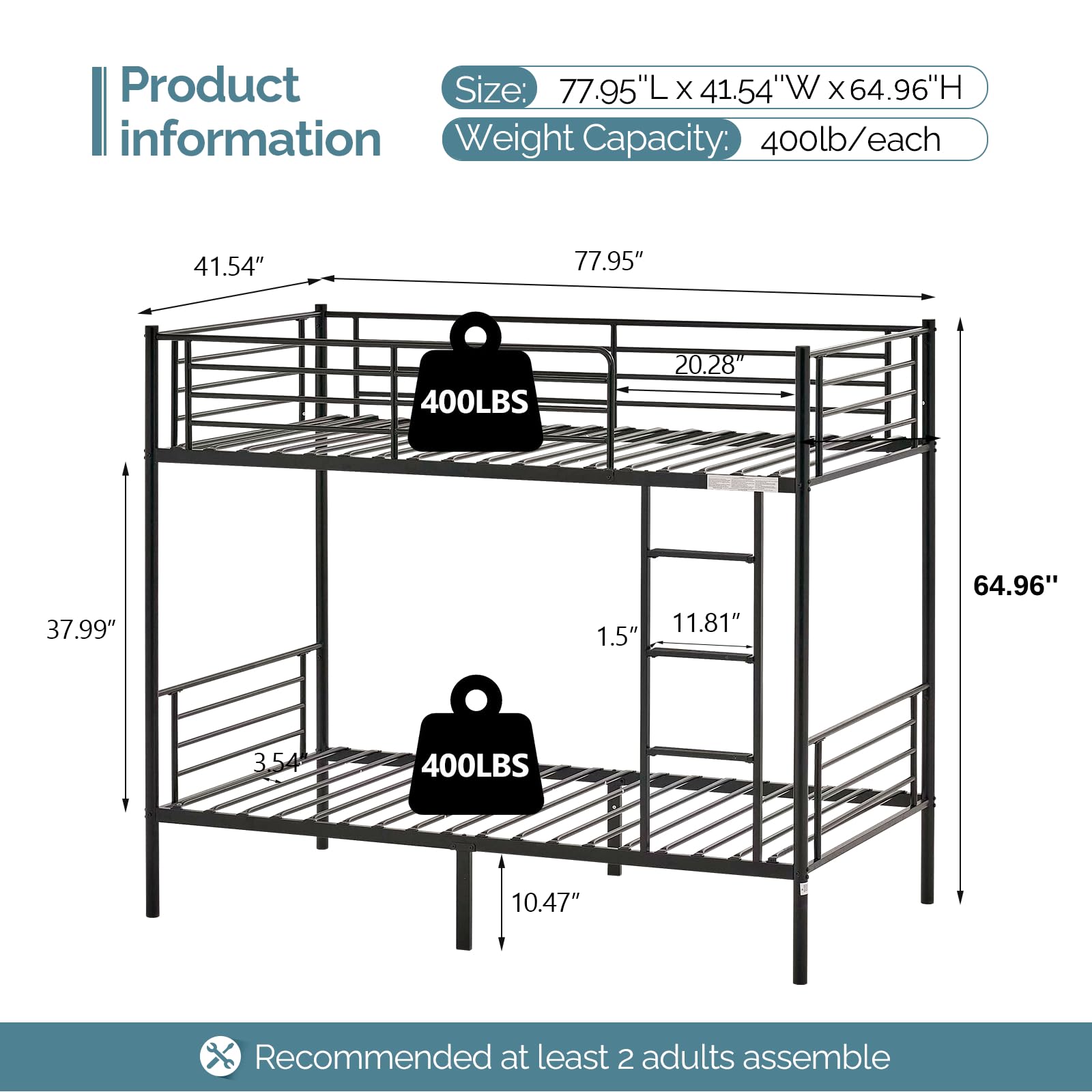 VINGLI Bunk Bed Twin Over Twin for Kids, Teens & Adults Bunk Bed with Stairs & Flat Rungs, Heavy Duty Metal Slats, No Box Spring Needed, Black