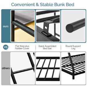 VINGLI Bunk Bed Twin Over Twin for Kids, Teens & Adults Bunk Bed with Stairs & Flat Rungs, Heavy Duty Metal Slats, No Box Spring Needed, Black