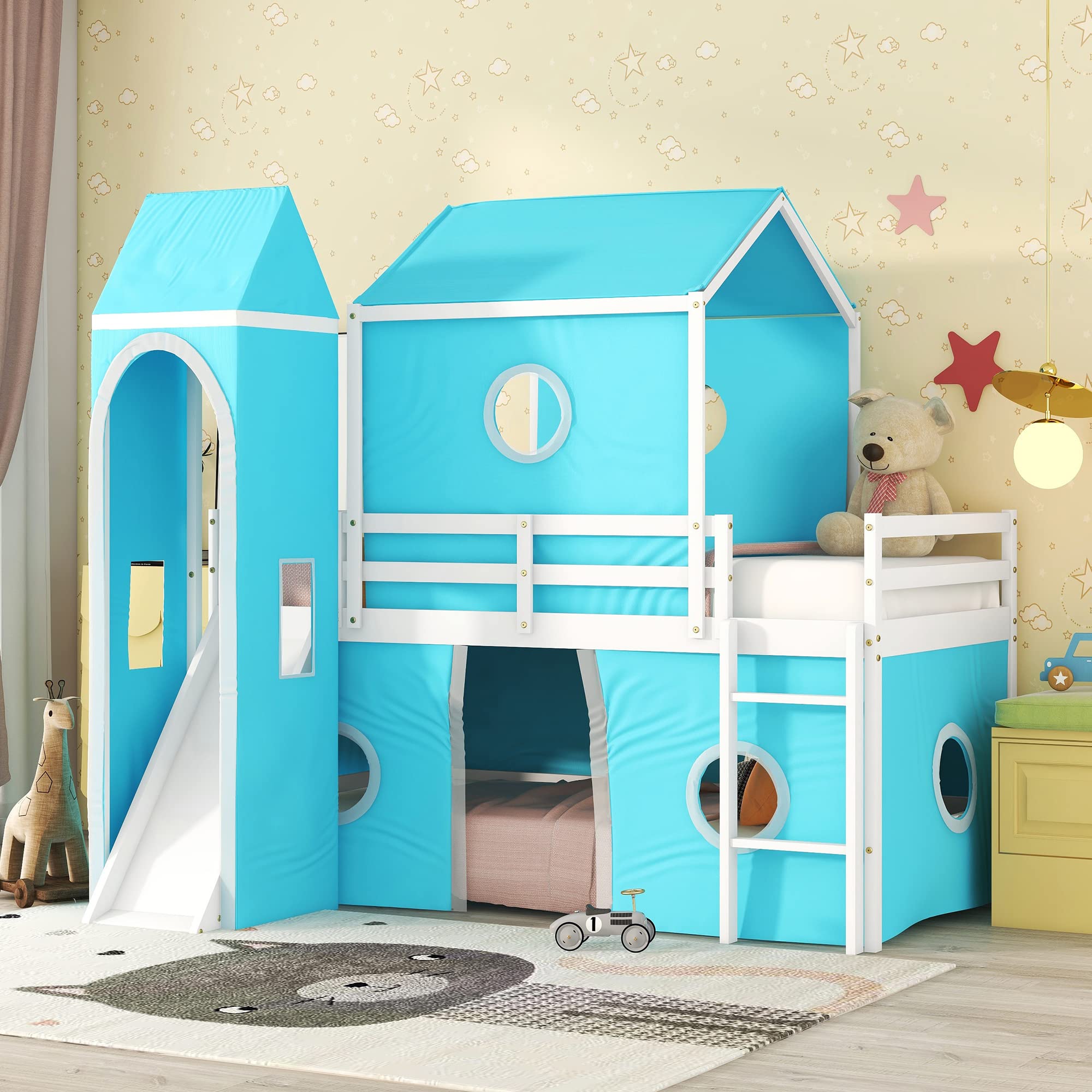 Harper & Bright Designs House Loft Bed with Slide and Tent, Twin Size Loft Bed with Small Pinnacle and Ladders, Wood Bunk Bed, Playhouse Bed Frame for Kids, Teens, Boys & Girls (Twin Size, Blue)