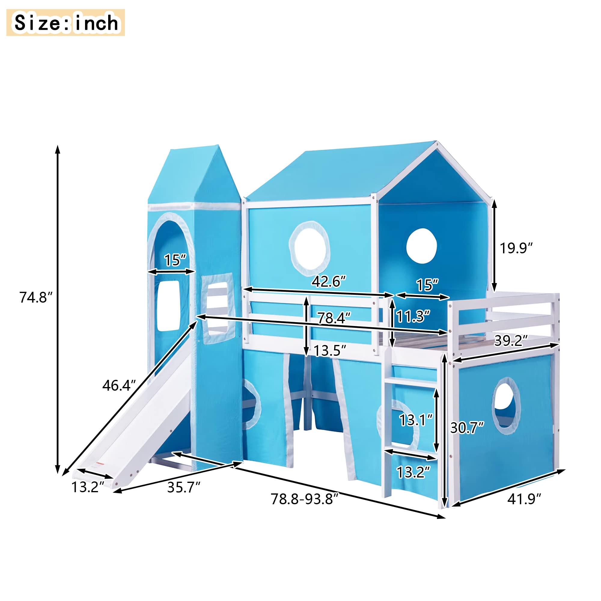 Harper & Bright Designs House Loft Bed with Slide and Tent, Twin Size Loft Bed with Small Pinnacle and Ladders, Wood Bunk Bed, Playhouse Bed Frame for Kids, Teens, Boys & Girls (Twin Size, Blue)