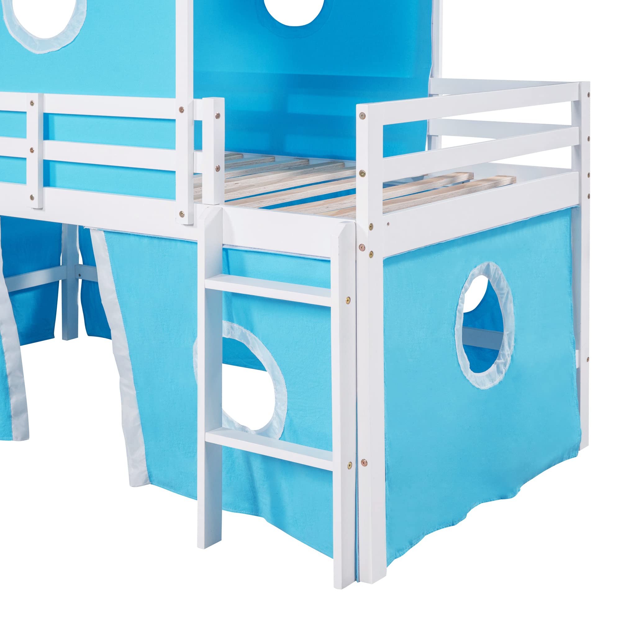 Harper & Bright Designs House Loft Bed with Slide and Tent, Twin Size Loft Bed with Small Pinnacle and Ladders, Wood Bunk Bed, Playhouse Bed Frame for Kids, Teens, Boys & Girls (Twin Size, Blue)