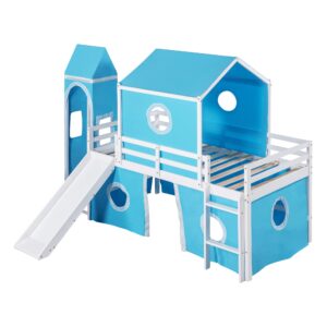 Harper & Bright Designs House Loft Bed with Slide and Tent, Twin Size Loft Bed with Small Pinnacle and Ladders, Wood Bunk Bed, Playhouse Bed Frame for Kids, Teens, Boys & Girls (Twin Size, Blue)