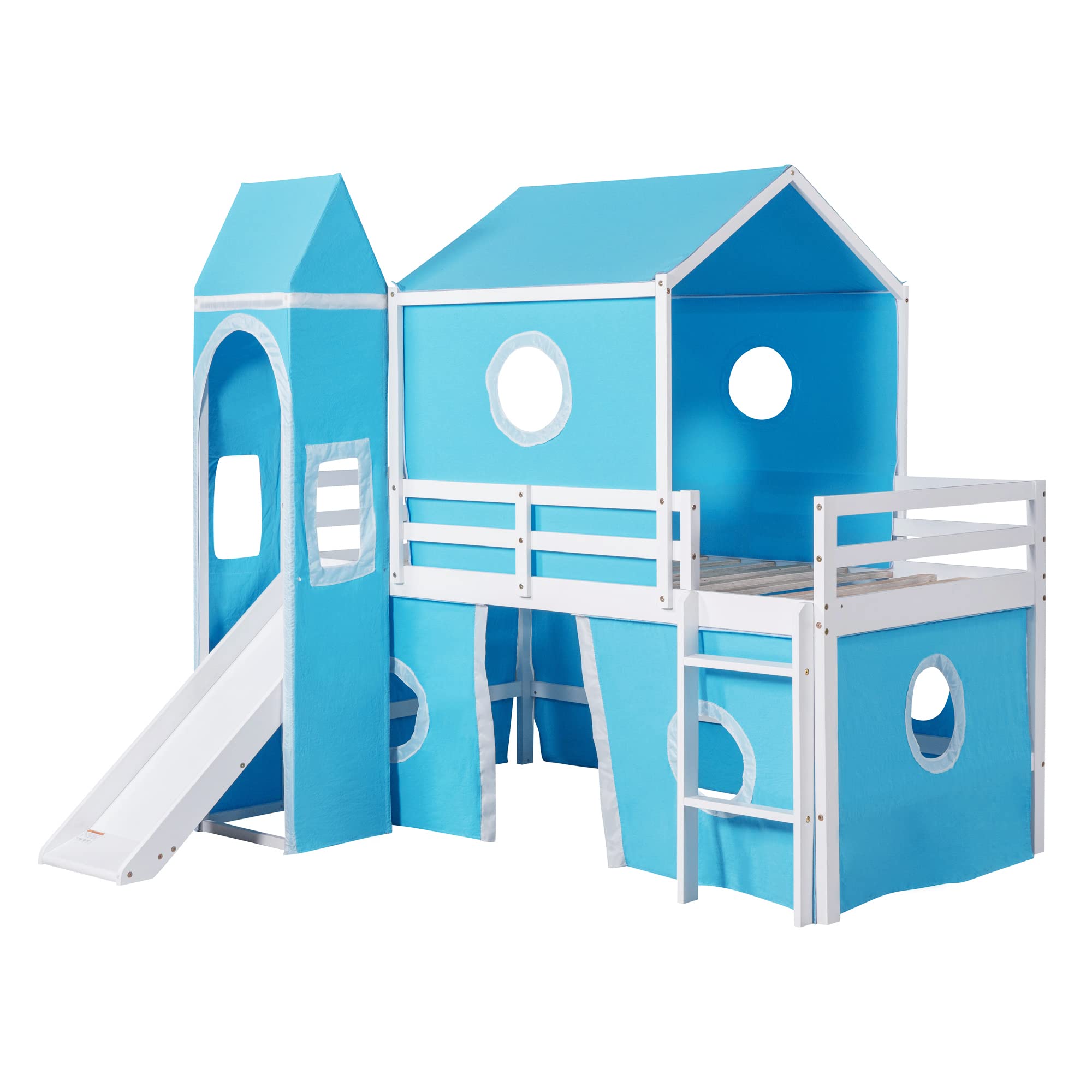 Harper & Bright Designs House Loft Bed with Slide and Tent, Twin Size Loft Bed with Small Pinnacle and Ladders, Wood Bunk Bed, Playhouse Bed Frame for Kids, Teens, Boys & Girls (Twin Size, Blue)