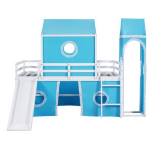 Harper & Bright Designs House Loft Bed with Slide and Tent, Twin Size Loft Bed with Small Pinnacle and Ladders, Wood Bunk Bed, Playhouse Bed Frame for Kids, Teens, Boys & Girls (Twin Size, Blue)